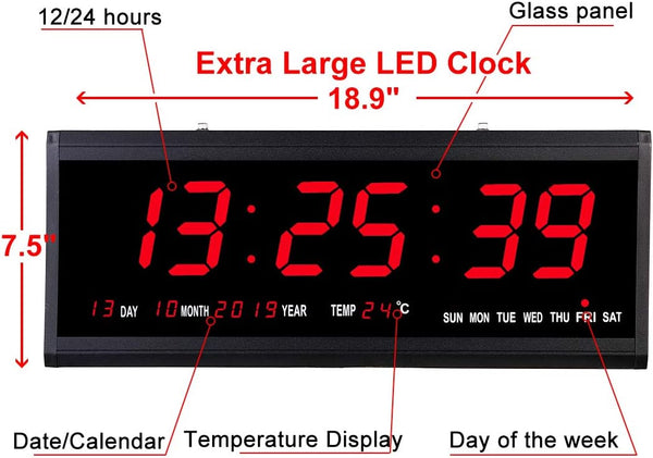 HoTai Large LED Digital Wall Clock 18.9 Inch, Large Red LED Display wi ...