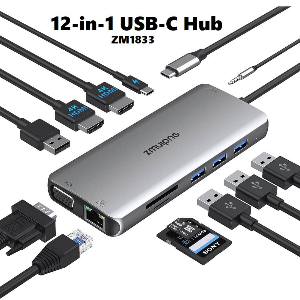 ZMUIPNG 12-in-1 USB C Hub, USB C Upgraded 4K Triple Display Docking St ...