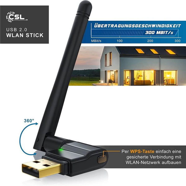 CSL USB Wi-Fi Antenna USB Stick 2.0 300 Mbps with Removable Antenna, M ...